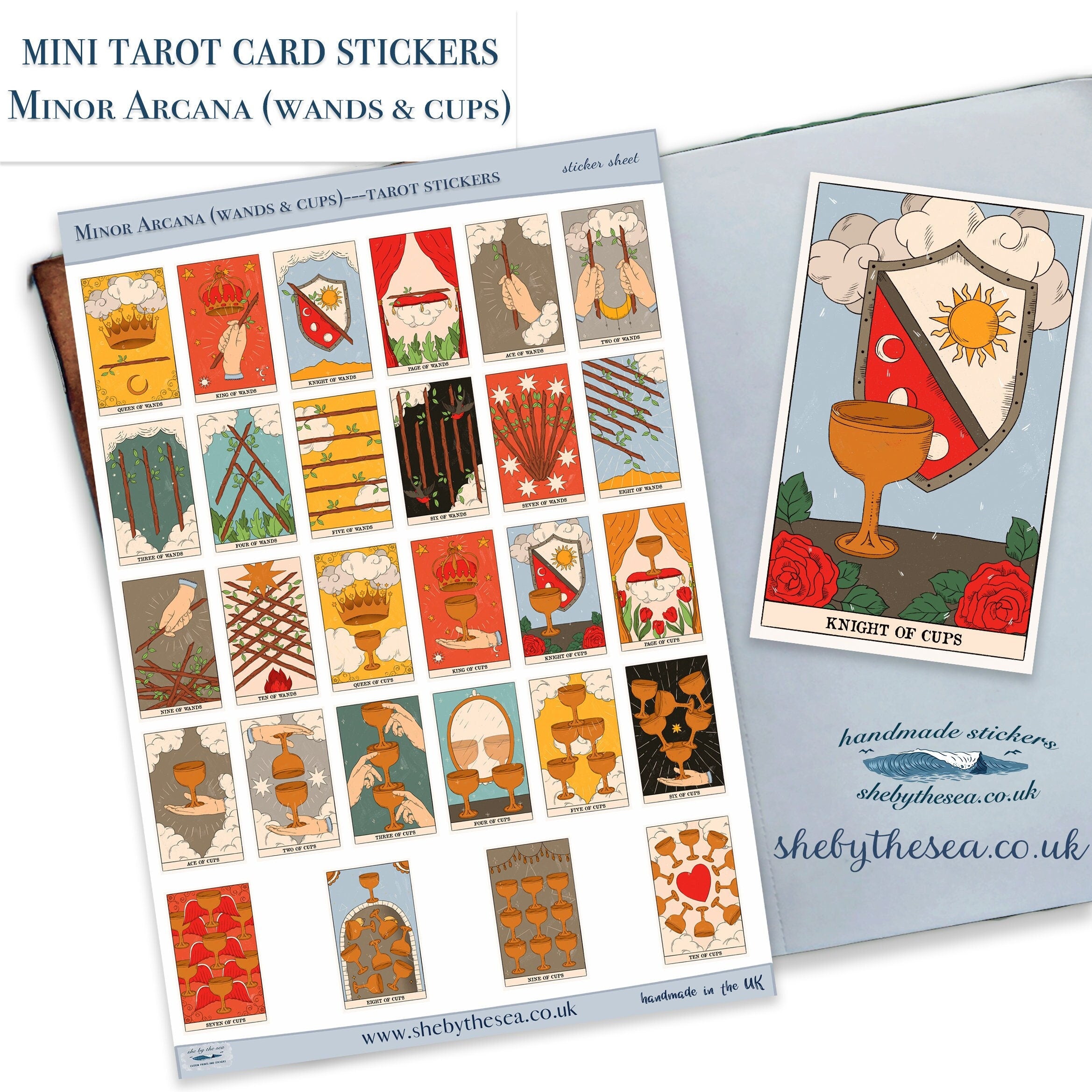 Tarot Card Stickers sheet. Minor Arcana wands & cups. Tiny stickers of – She by the Sea