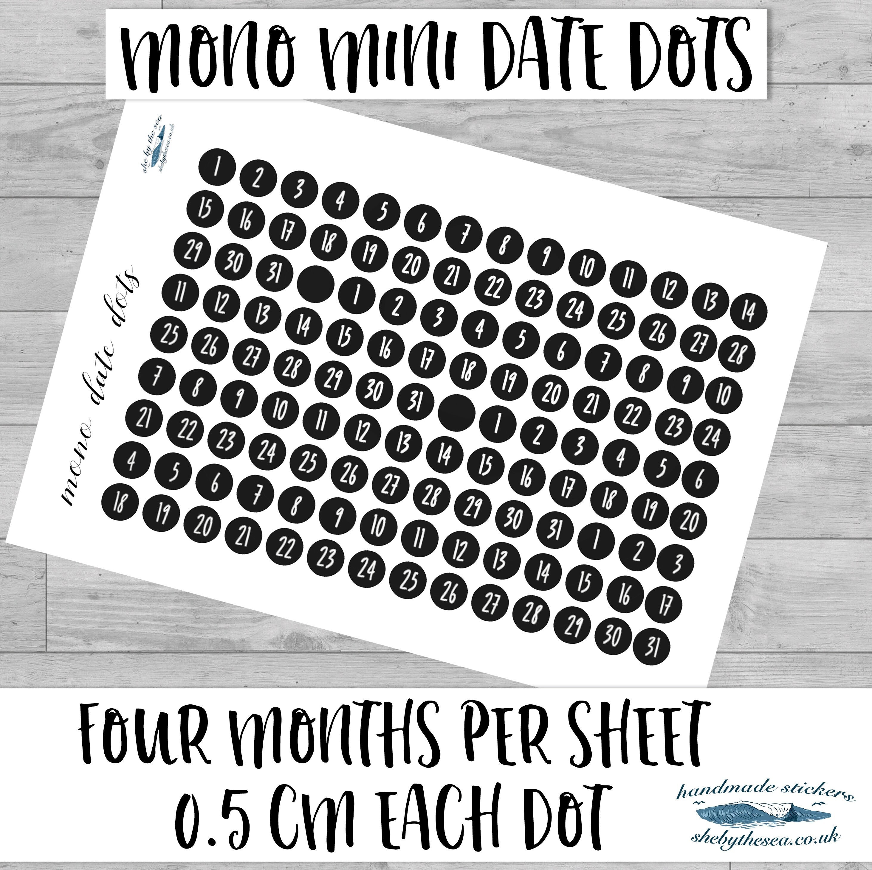 Black & White Date Dots, Mini dated round stickers for mono planner, d ...